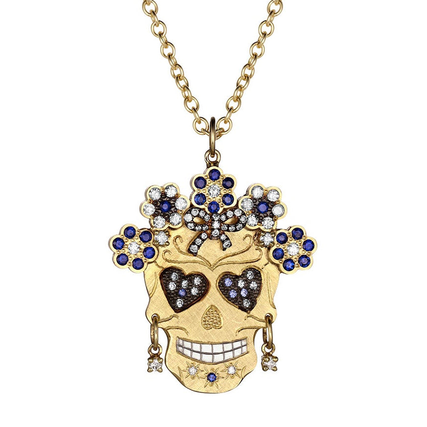 ESTELLE Extra Large 14k Gold Ornate Sugar Skull Pendant With Bow and E