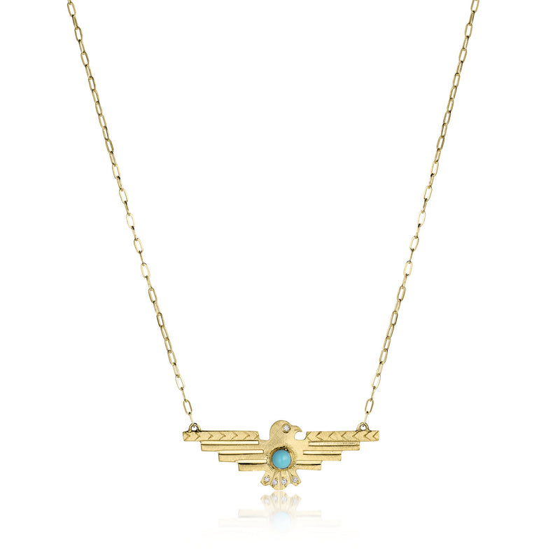 14k Gold Phoenix Bird Pendant Necklace with Turquoise & Diamonds ...